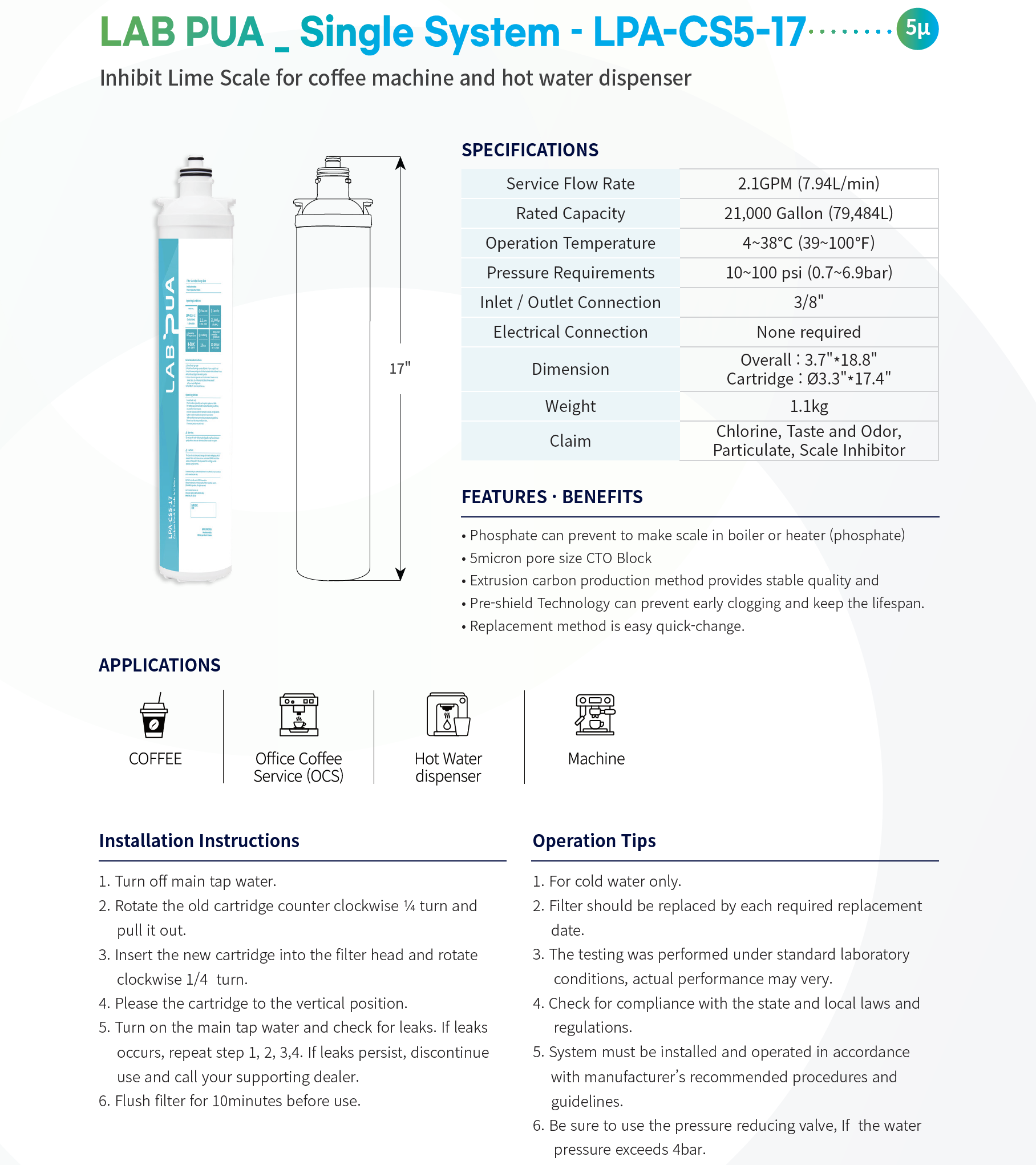 Residential Water Filter Kit With Faucet Lab Pua LPA-CS5-17